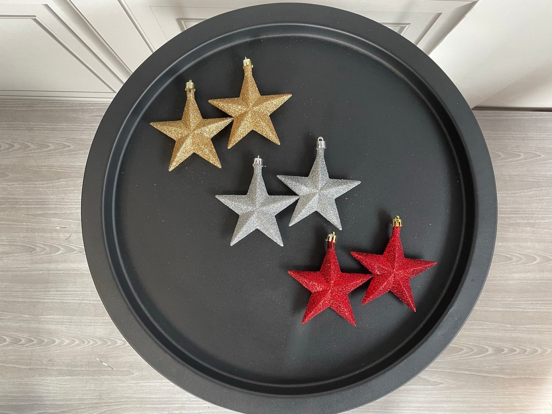 Christmas Decorations 6 X Glitter Star Baubles in Red, Gold, or Silver ...
