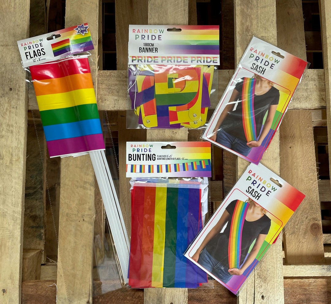 Pride Party Pack Rainbow Decorations - 3.6m Durable Bunting, 5 Waving ...