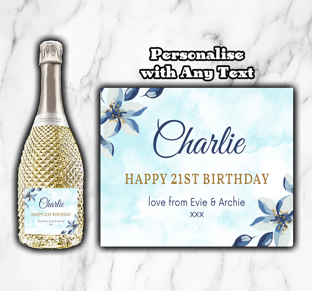 Personalised Prosecco Label Baby Blue Floral Label Sticker for Prosecco ...