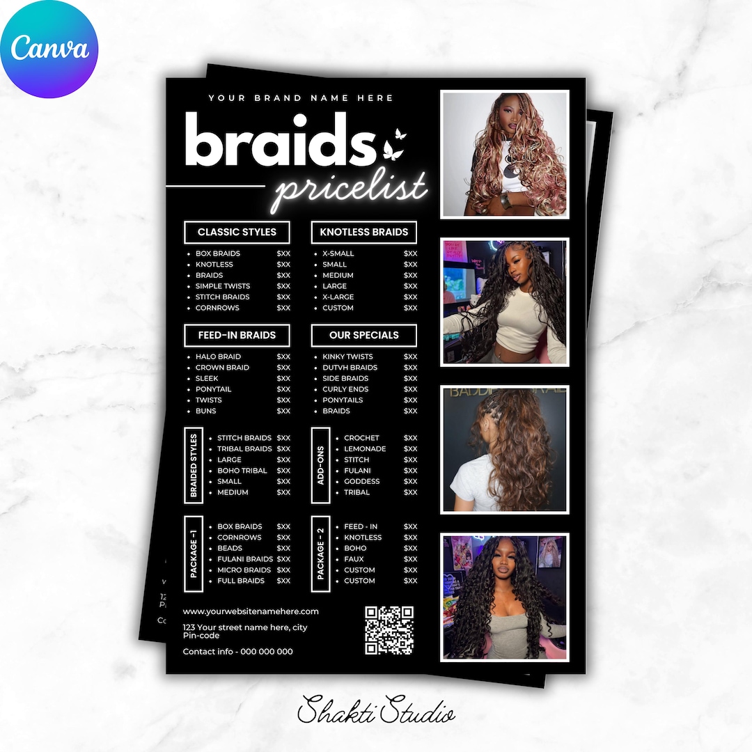 Braids Pricelist, Hair Styles Braiding Price Guide, DIY Flyer Template ...