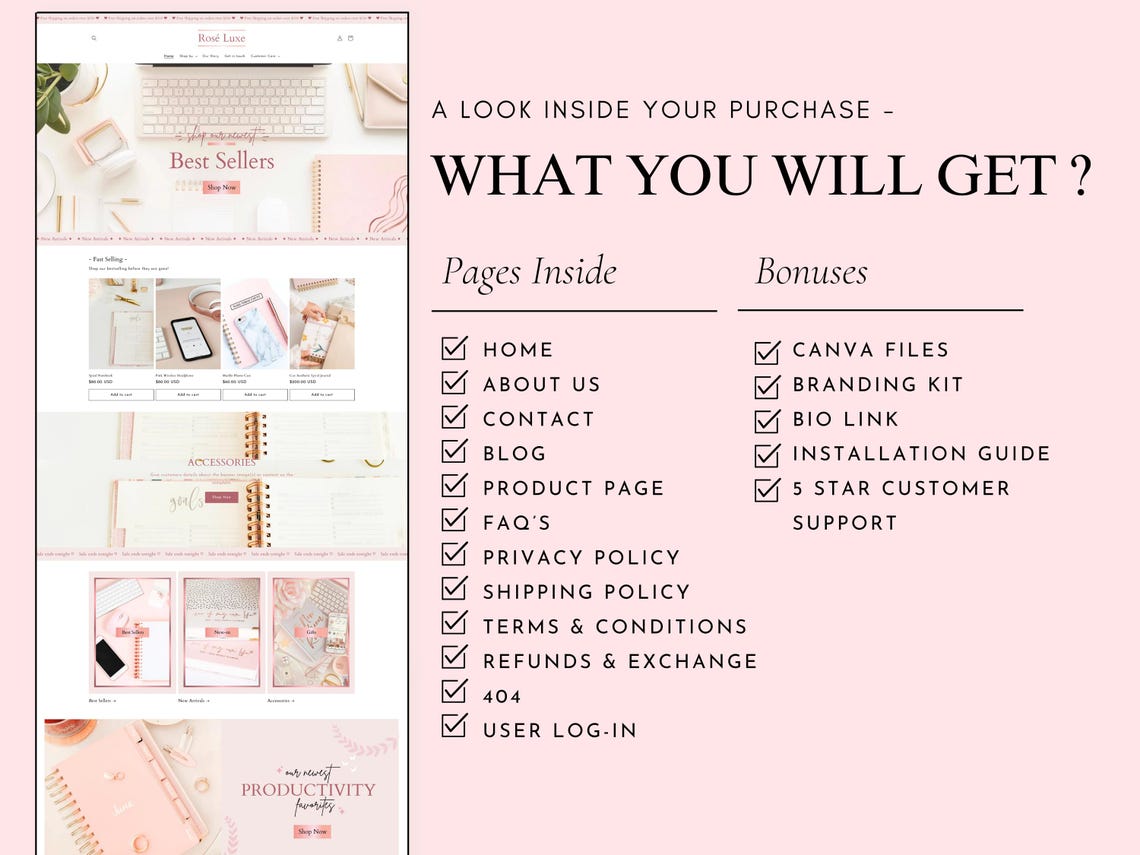 Pink Shopify Theme, Rose Gold Website Template Design, Feminine Shopify ...