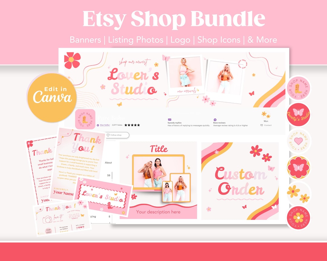 Etsy Shop Banner Templates Canva, Pink Red Etsy Shop Kit, Heart ...