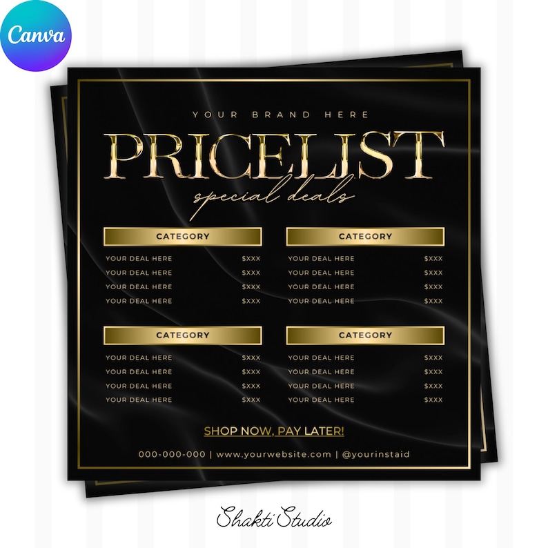 Editable Gold Pricelist Template, DIY Pricelist, Digital Download ...