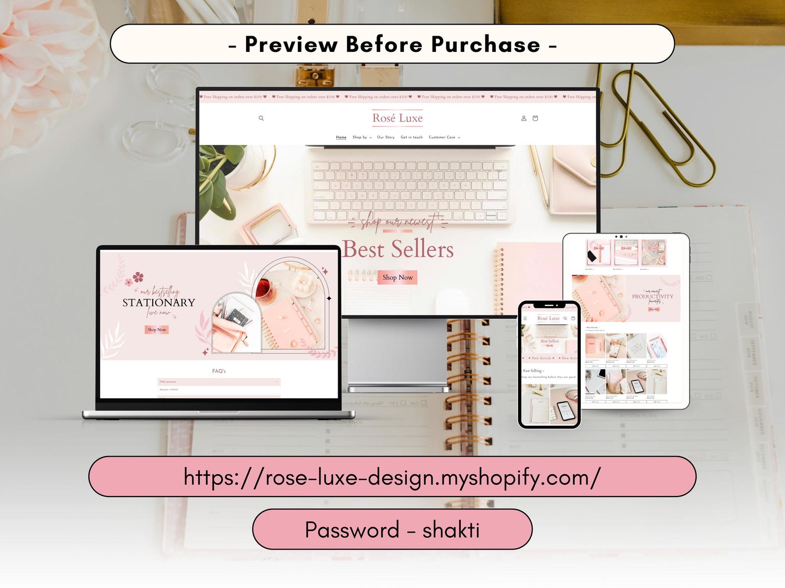 Pink Shopify Theme, Rose Gold Website Template Design, Feminine Shopify ...