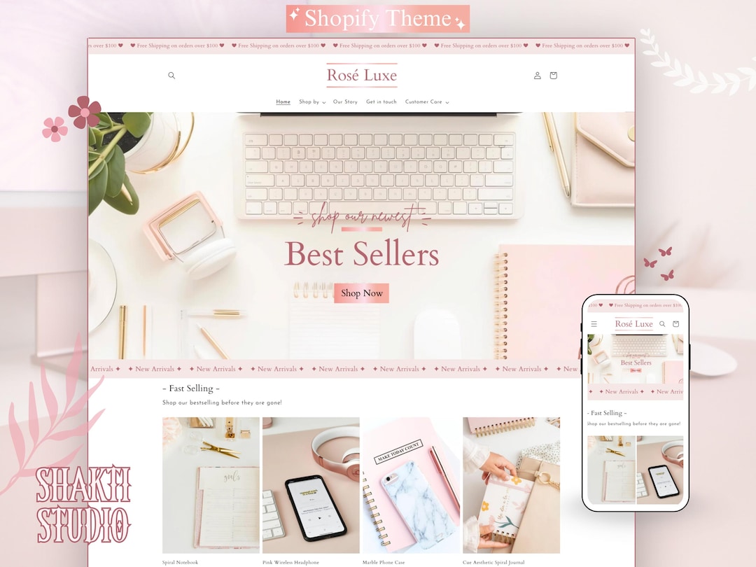 Pink Shopify Theme, Rose Gold Website Template Design, Feminine Shopify ...