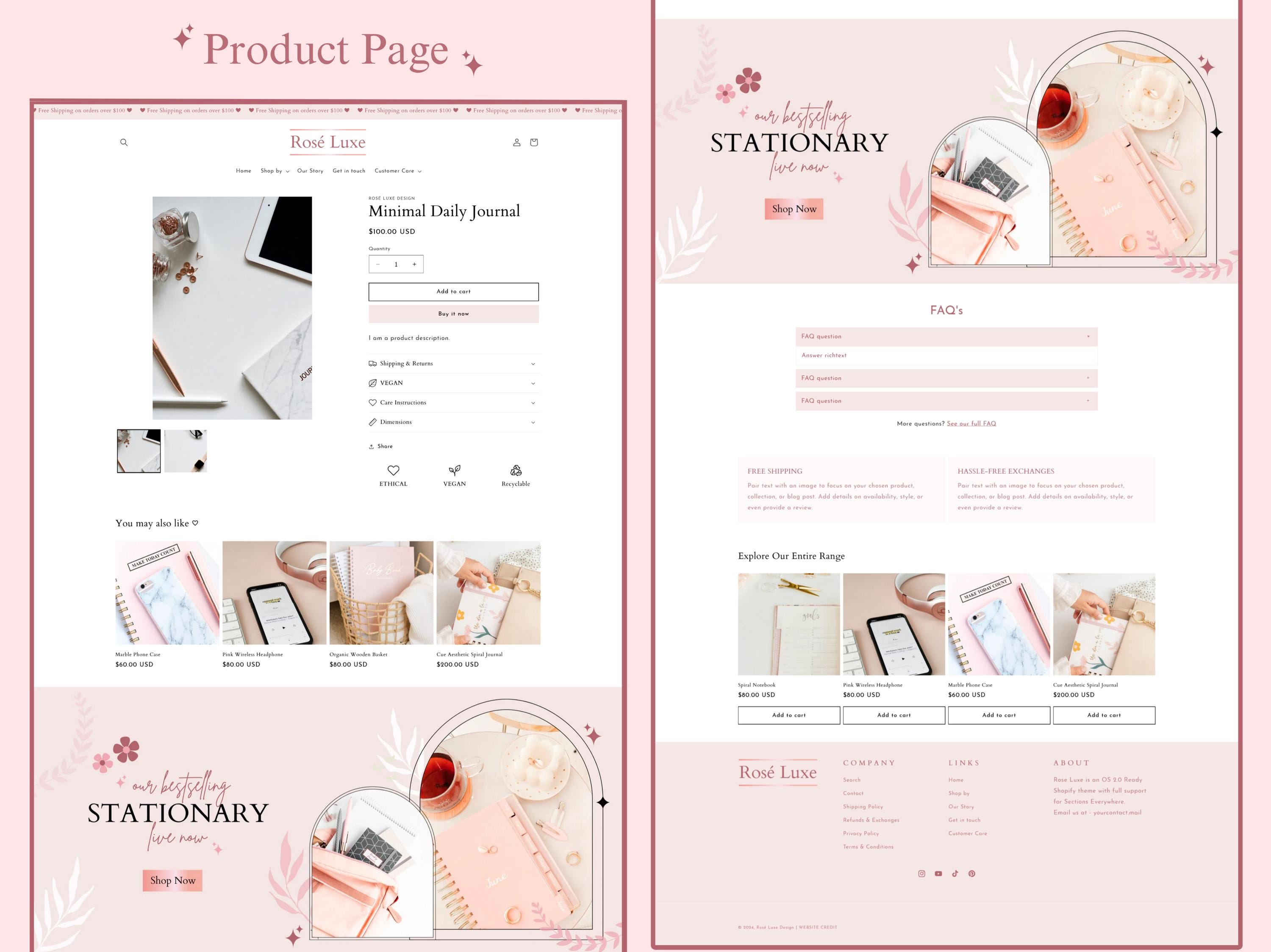 Pink Shopify Theme, Rose Gold Website Template Design, Feminine Shopify ...