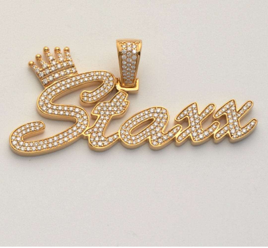 10k Gold Custom Diamond Name Plate W Crown - Etsy