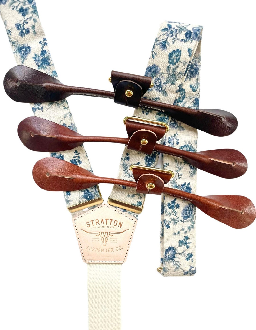 Vintage Almond & Navy Blue Floral Linen Suspenders – Button-on Wedding ...