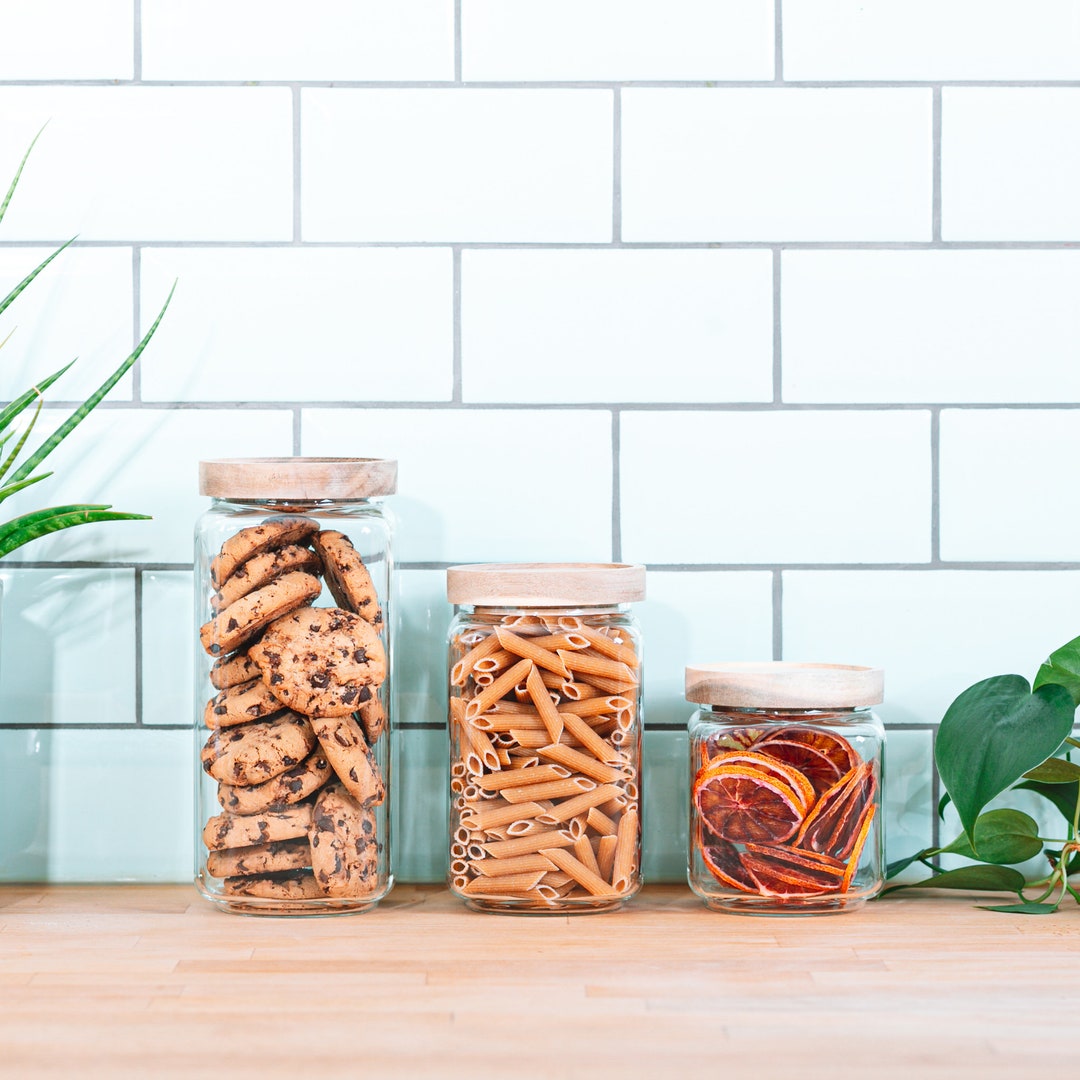 Set of 3 Stackable Square Storage Jars With Wooden Lids 600ml 1200ml ...