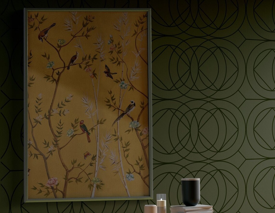 Golden Yellow Chinoiserie Wallpaper With Birds and Flowers - Etsy