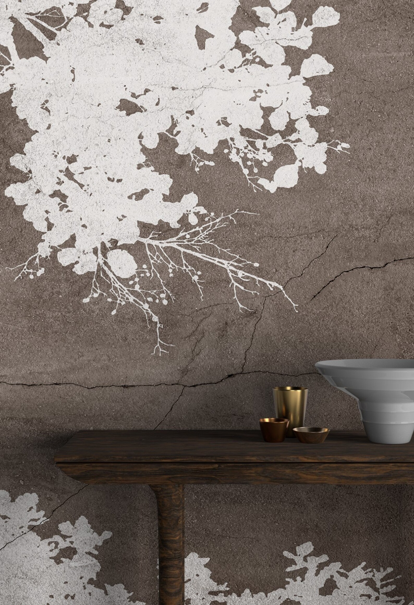 Concrete Mural Wallpaper, White Colour Flowers Sketch, Peel and Stick ...