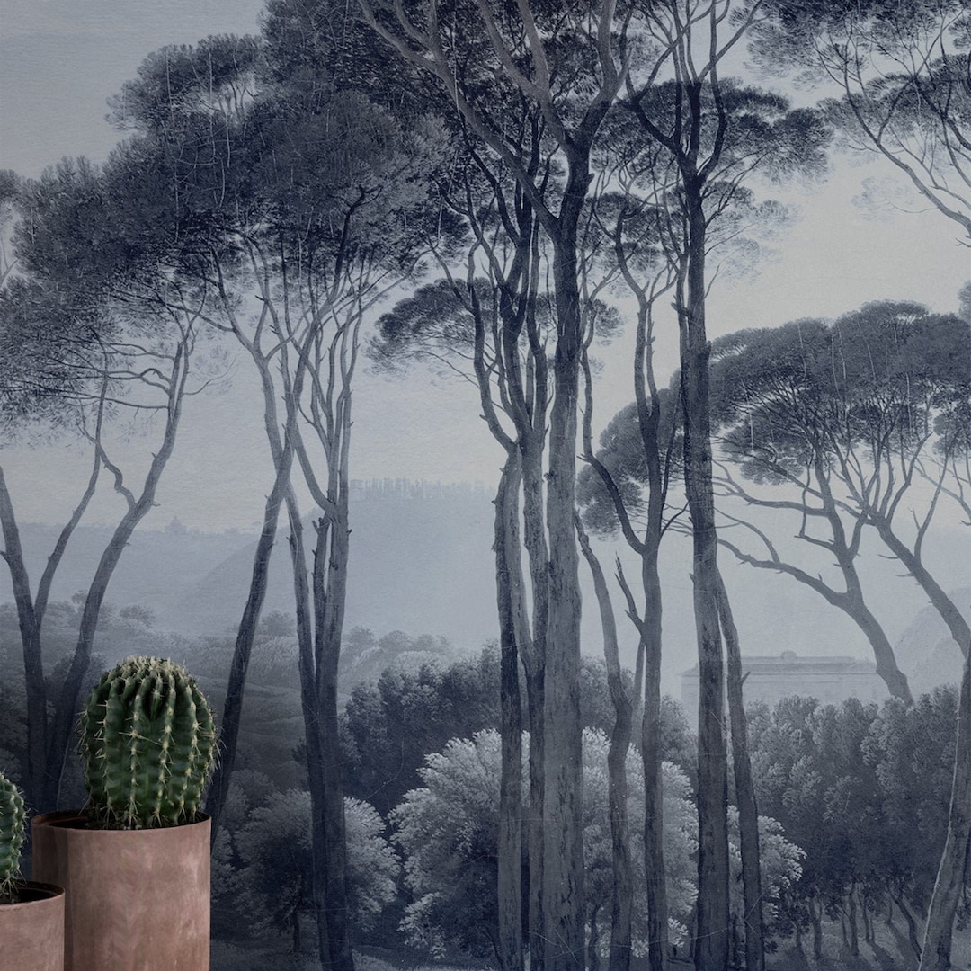 Tall Trees Themed Wallpaper With Light Blue Light Color Pattern.wall ...