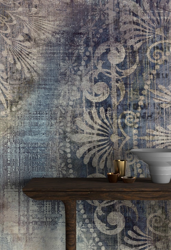 Antique Damask Design Wallpaper Blue and Beige Colour Peel and - Etsy