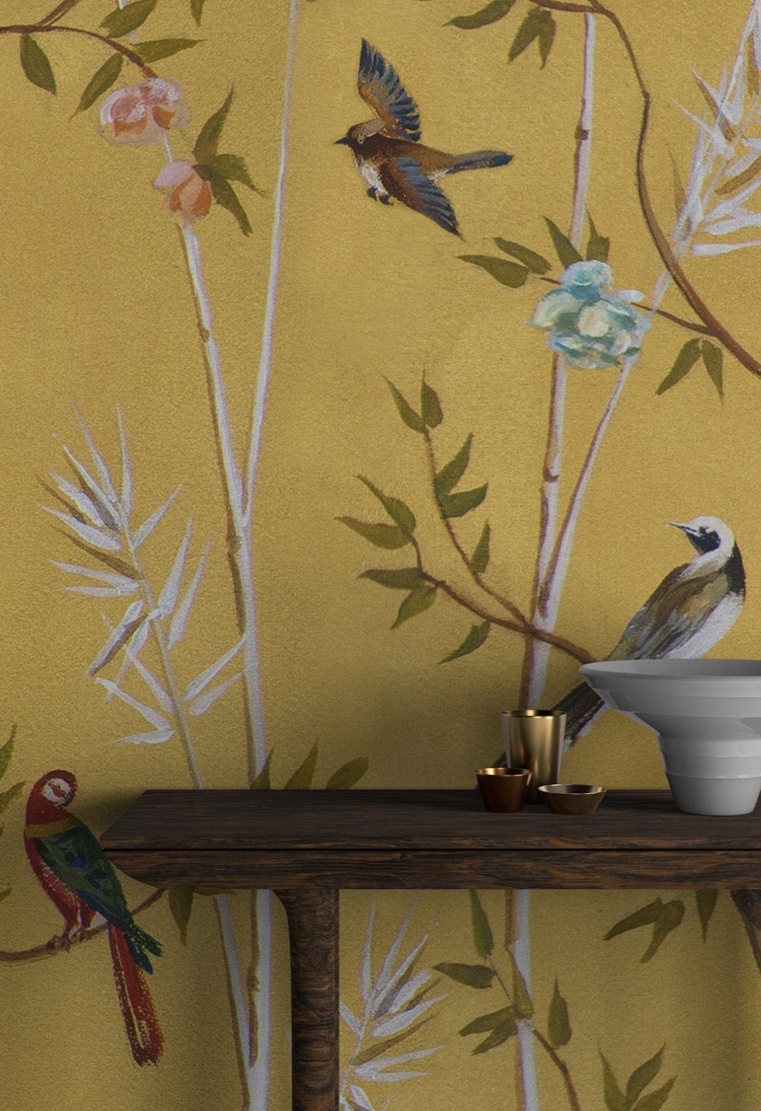 Golden Yellow Chinoiserie Wallpaper With Birds and Flowers - Peel and ...
