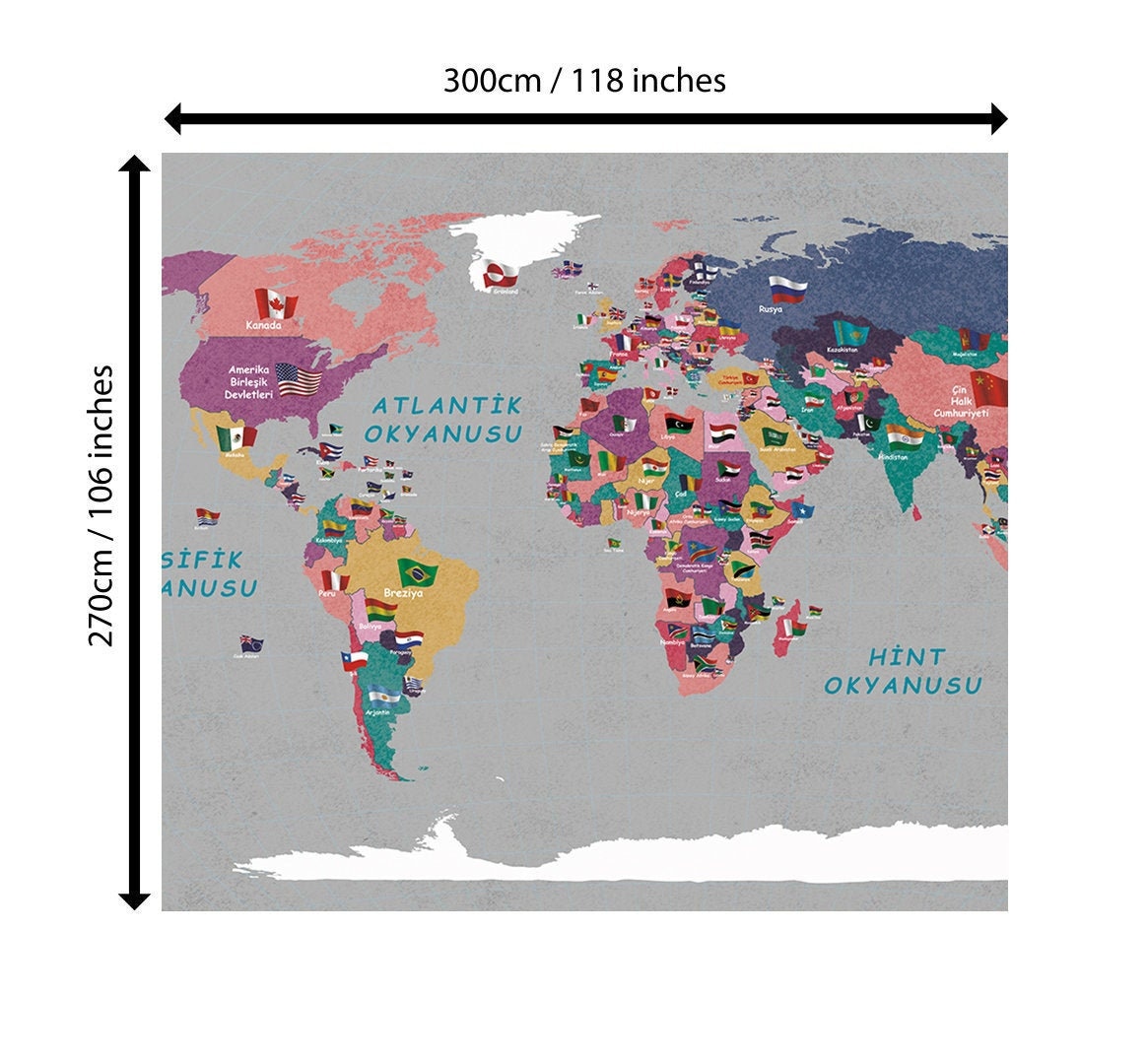 Country Flags Themed World Map, Custom Made for Children's Rooms. Peel ...