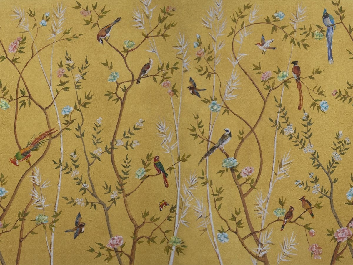 Golden Yellow Chinoiserie Wallpaper With Birds and Flowers Peel and ...