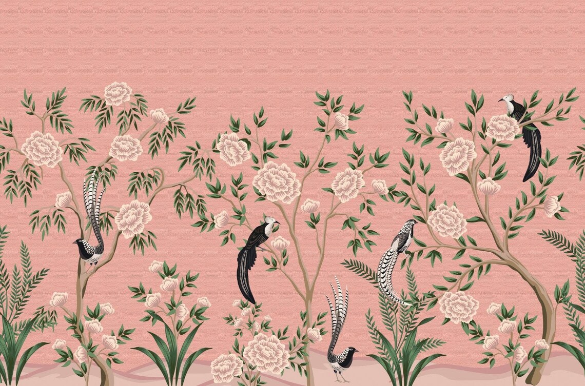 Chinoiserie Pink Flowers Pink Background Wallpaper Peel and - Etsy