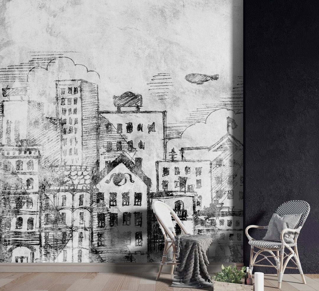 City Sketch Concrete Wall Mural - Peel and Stick Poster for Classic Art ...