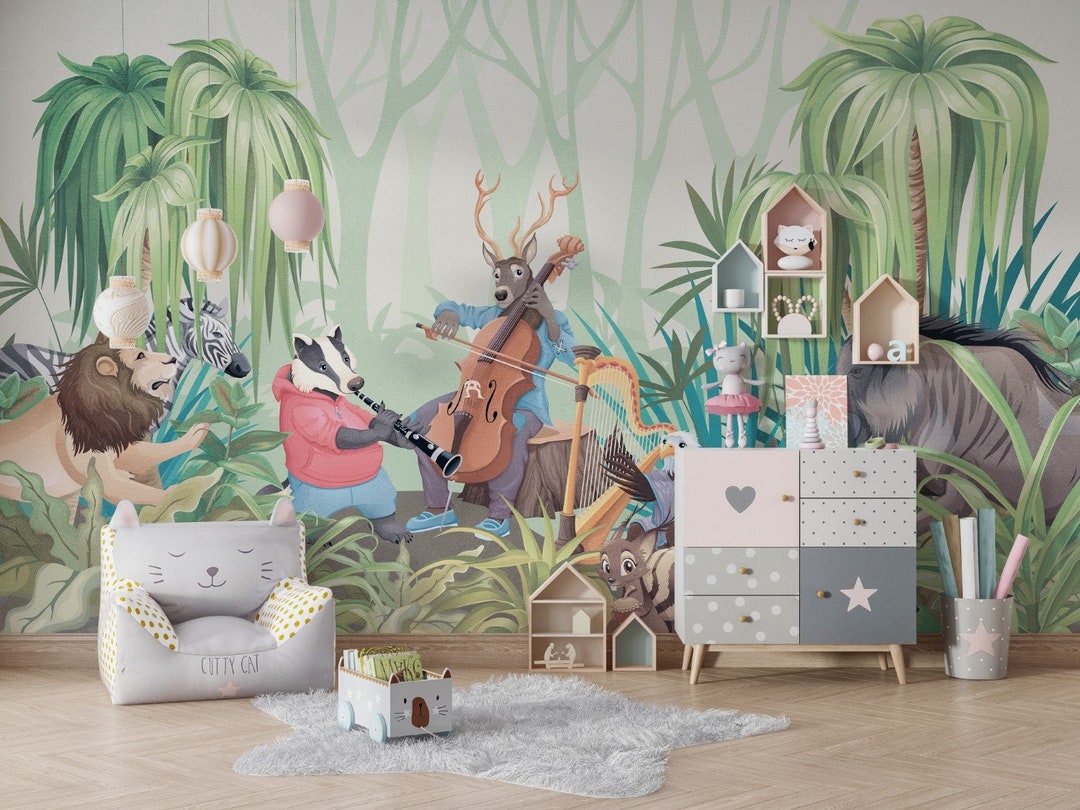 Animals Playing Musical Instruments in the Forest Wallpaper. Peel and ...