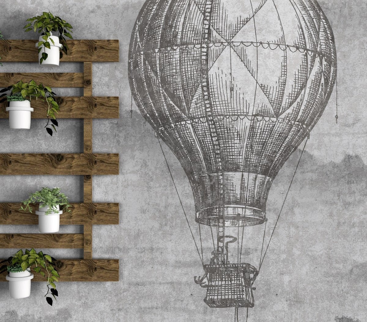 Beautiful Concrete Mural Wallpaper, Hot-air Baloon, Peel and Stick ...