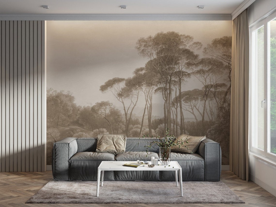 Tall Trees Themed Wallpaper With Light Blue Light Color - Etsy