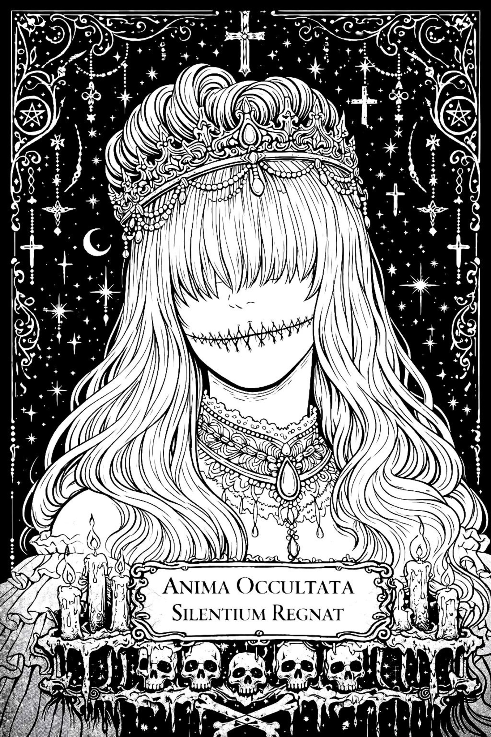 Gothic Horror Coloring Page – Faceless Princess With Sewn Mouth, Dark ...