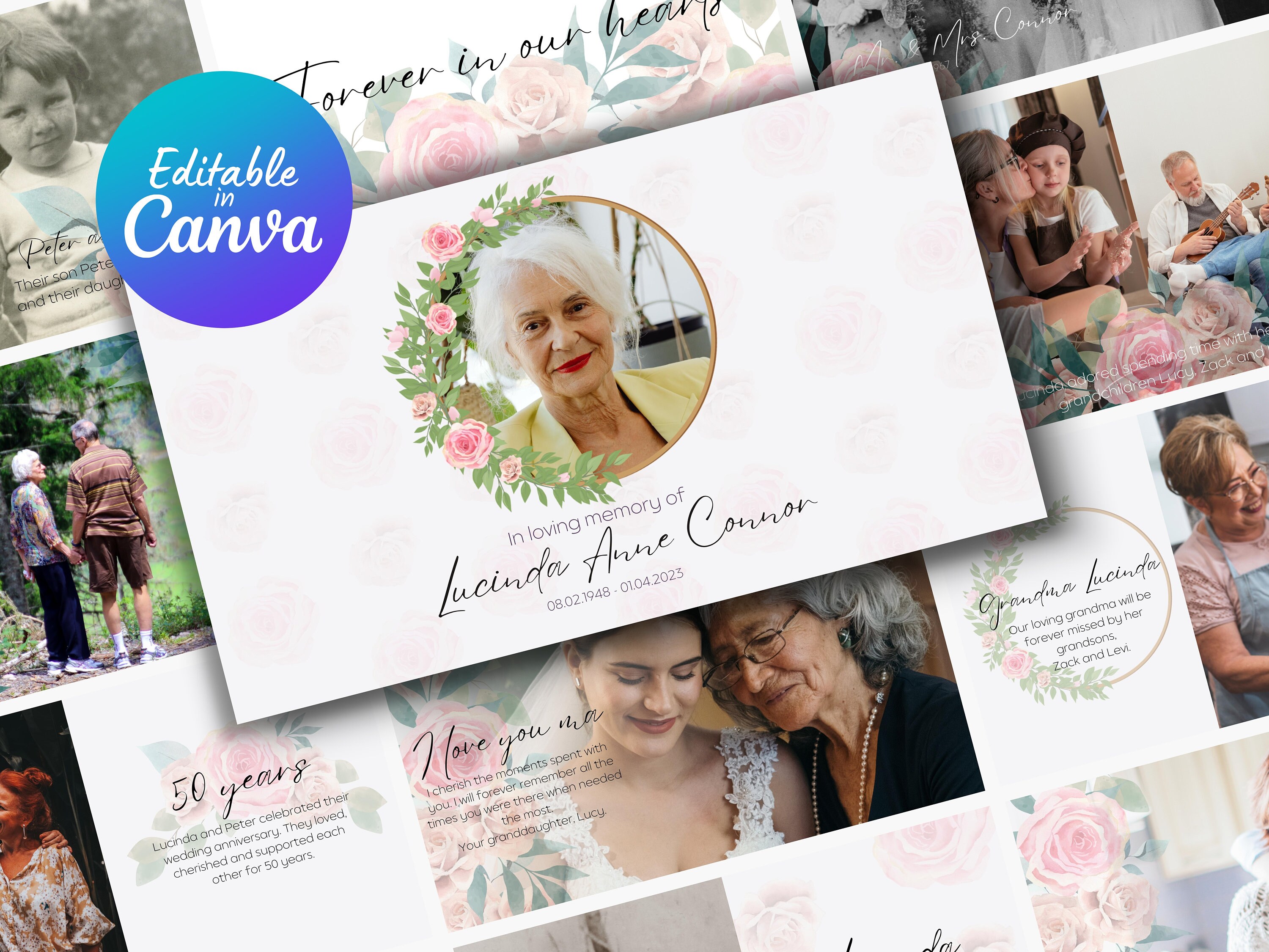 Celebration of Life Pink Roses Canva Template - Etsy
