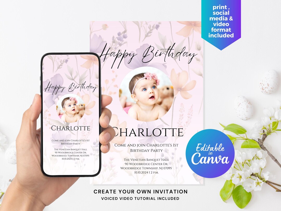 Floral Birthday Party Canva Invitation for Girls, Birthday Card Canva ...