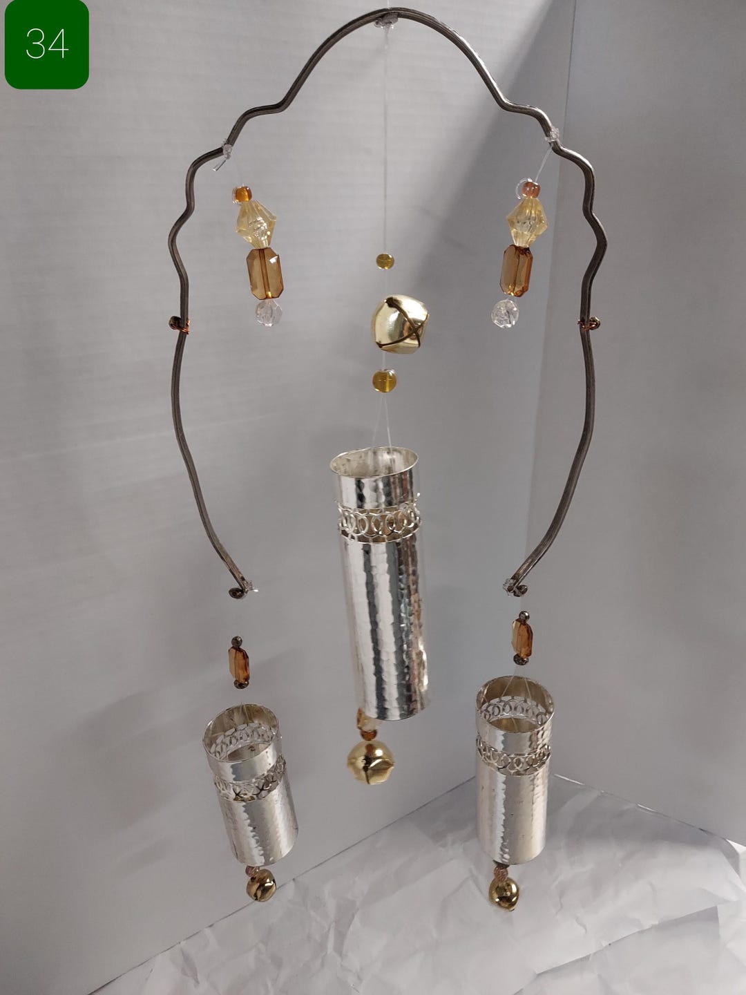 Suspended Silver Plated Candle Holders With Gold Tone Bells and Amber ...