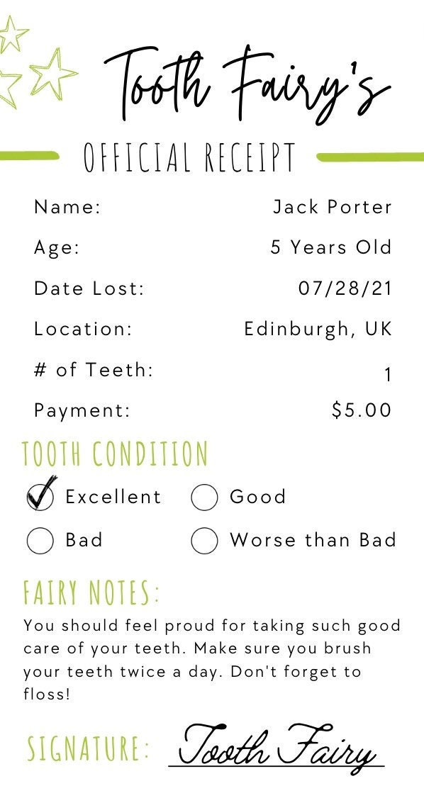 EDITABLE Tooth Fairy Receipt, Digital Download - Etsy