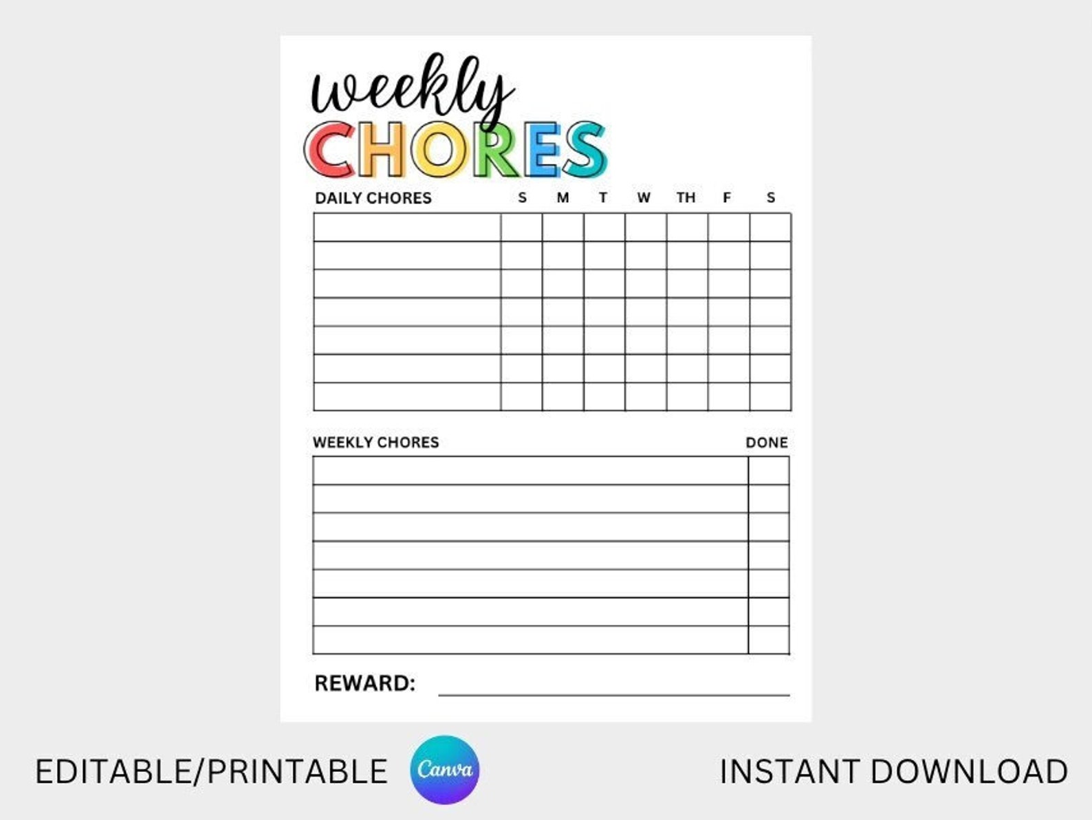 EDITABLE and PRINTABLE Weekly Chore Chart - Etsy