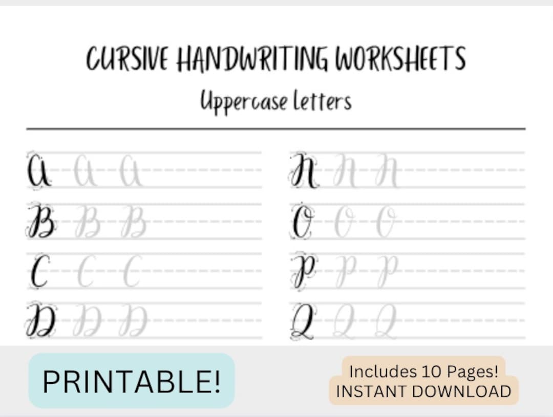 PRINTABLE Cursive Handwriting Worksheets - 10 Page PDF File - Etsy
