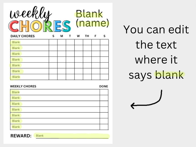 EDITABLE and PRINTABLE Weekly Chore Chart - Etsy