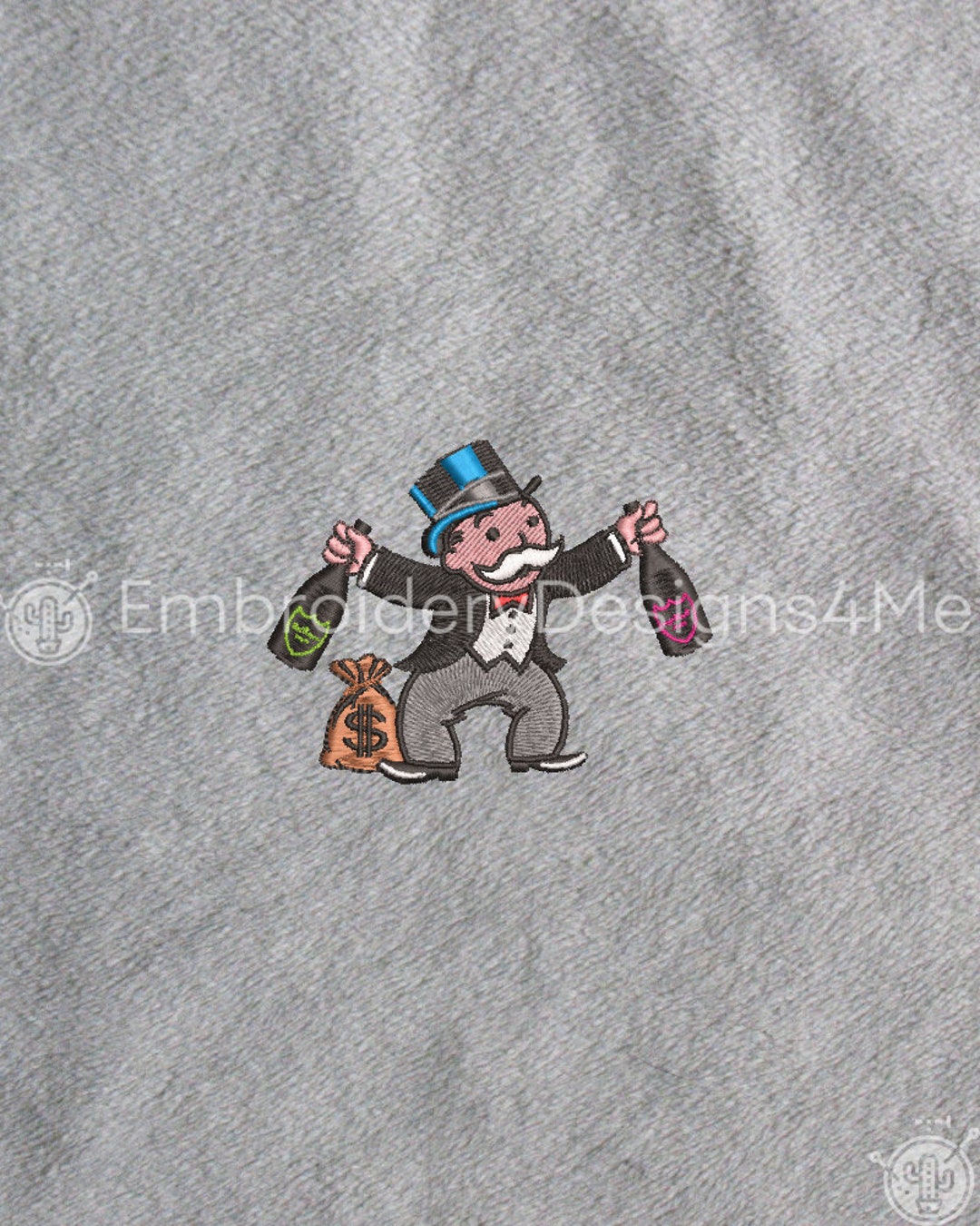 Mr Monopoly Man Holding Champagne Perignon Cash Money Embroidery Design ...