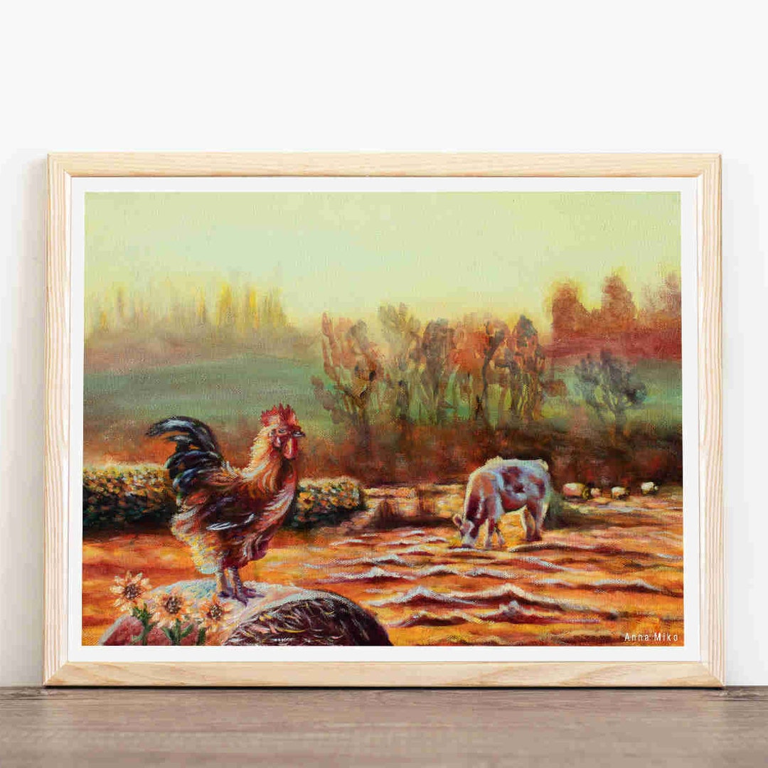 Rooster Poster Farmhouse Rural Landscape Original Wall Art - Etsy