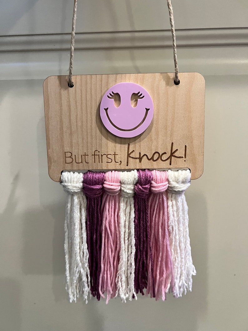 Custom Kids Door Hanger: Engraved Smiley Face Sign, Yarn Fringe Decor ...