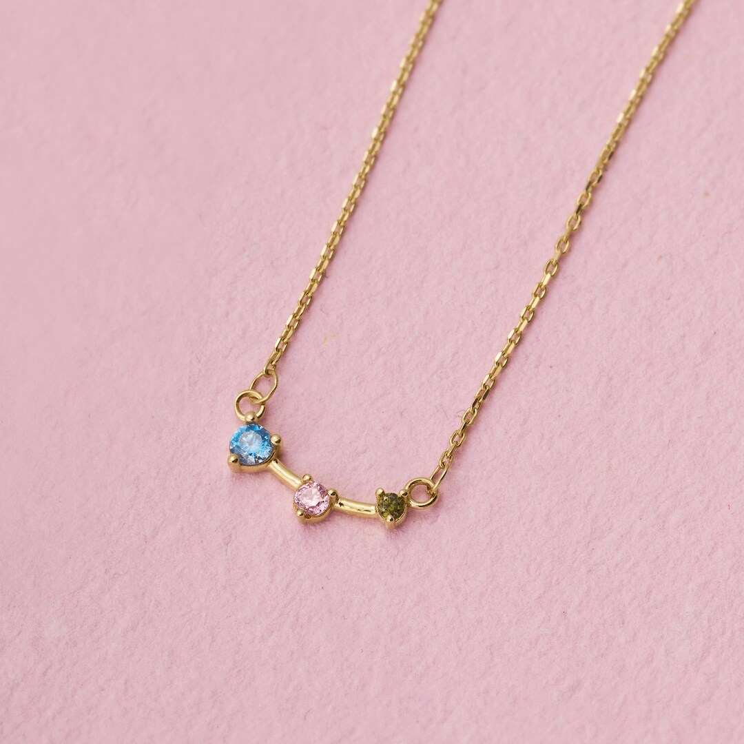 14K Solid Gold Blue Topaz Pink Quartz & Citrine Gemstone Birthstone ...