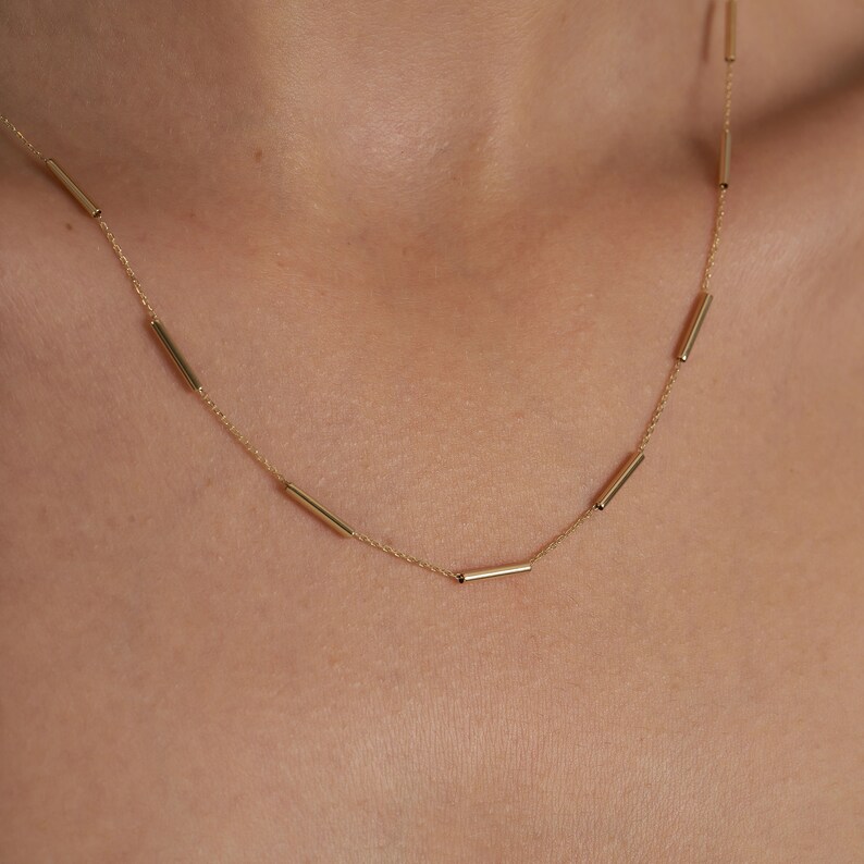 14K Gold Station Minimal Chain Necklace Solid Gold Necklace - Etsy
