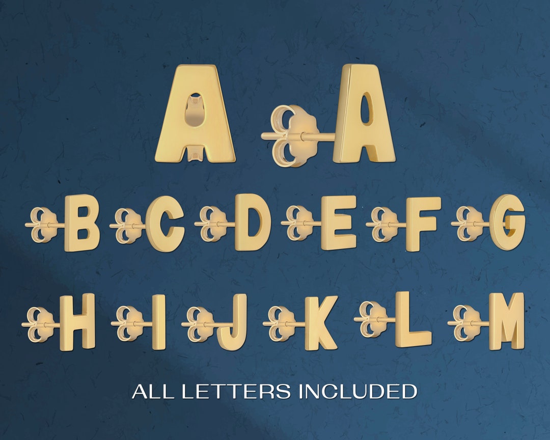 14K Gold Tiny Gold Letter Earrings, Initial Stud Earrings, Letter Stud Earrings, Alphabet Stud ...