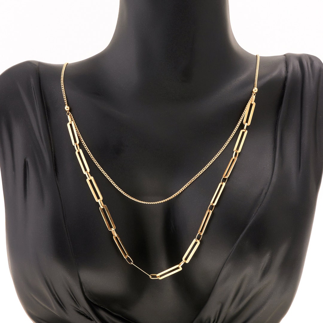 14K Solid Gold Paperclip Curb Link Double Layered Necklace, Delicate ...