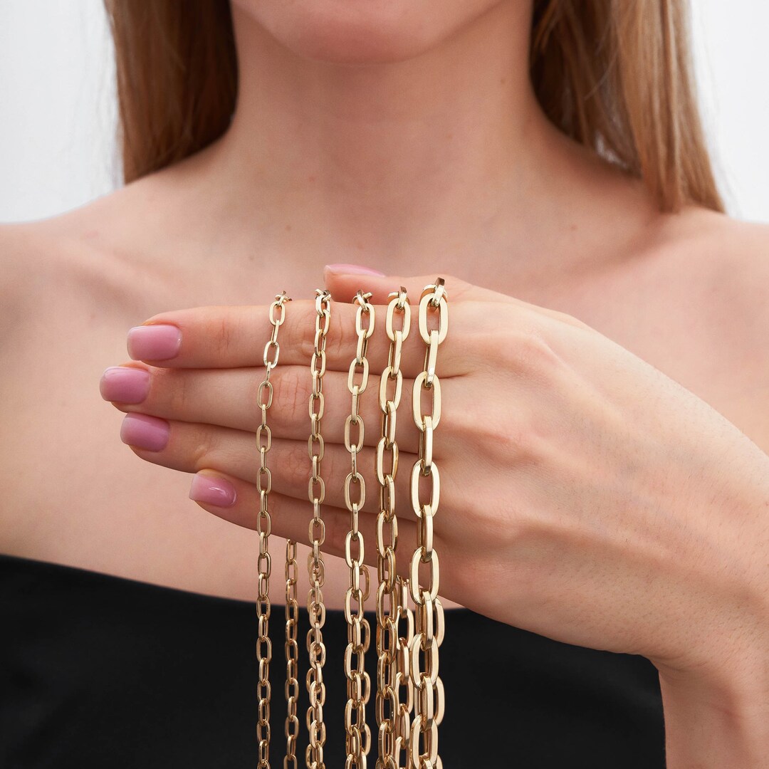14K Gold Paperclip Chain Necklace, Real Solid Gold Fancy Italian Style ...