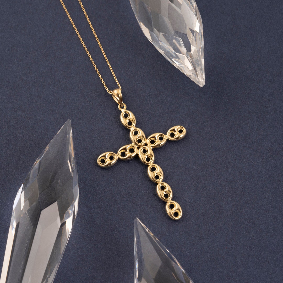 14K Gold Puffed Mariner Anchor Cross Necklace, Religious Necklace ...