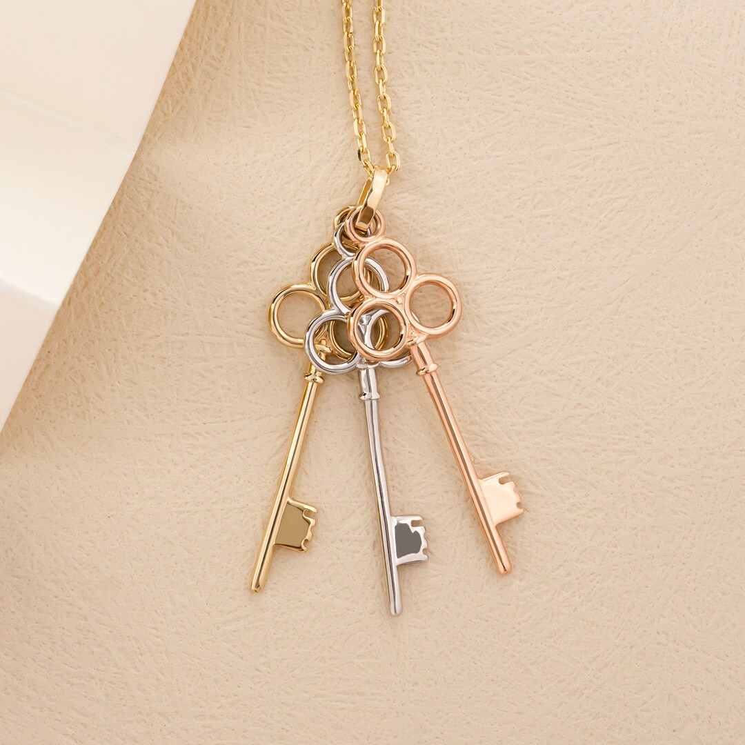 14K Real Solid Gold Minimal Friendship Key Necklace, Dainty Gold Key ...