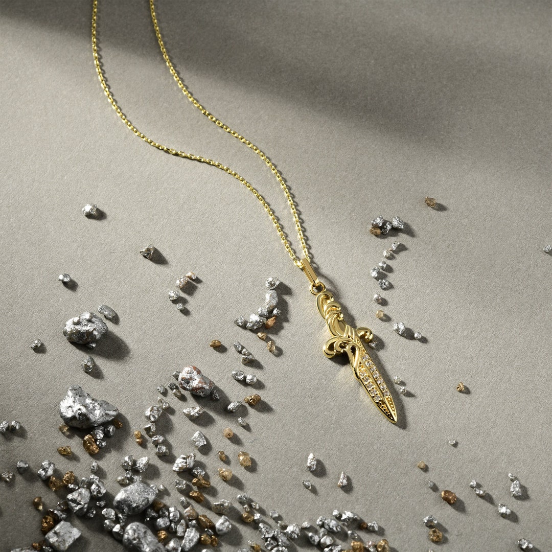 14K Solid Gold Sword Necklace With Cubic Zirconia for Women and Girls ...