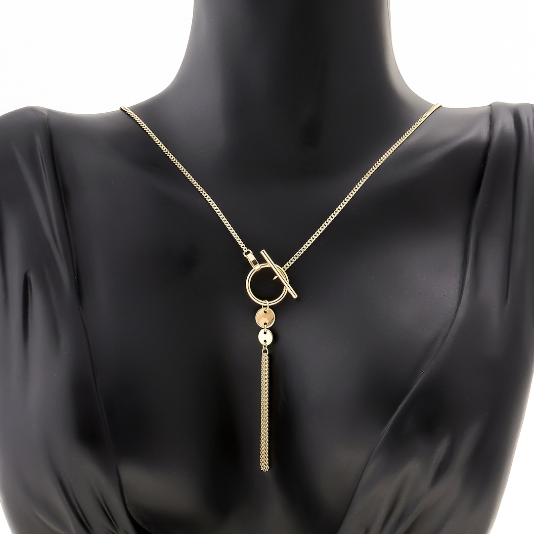 14K Solid Gold Dangling Y Drop Chain Necklace for Women, Aesthetic ...