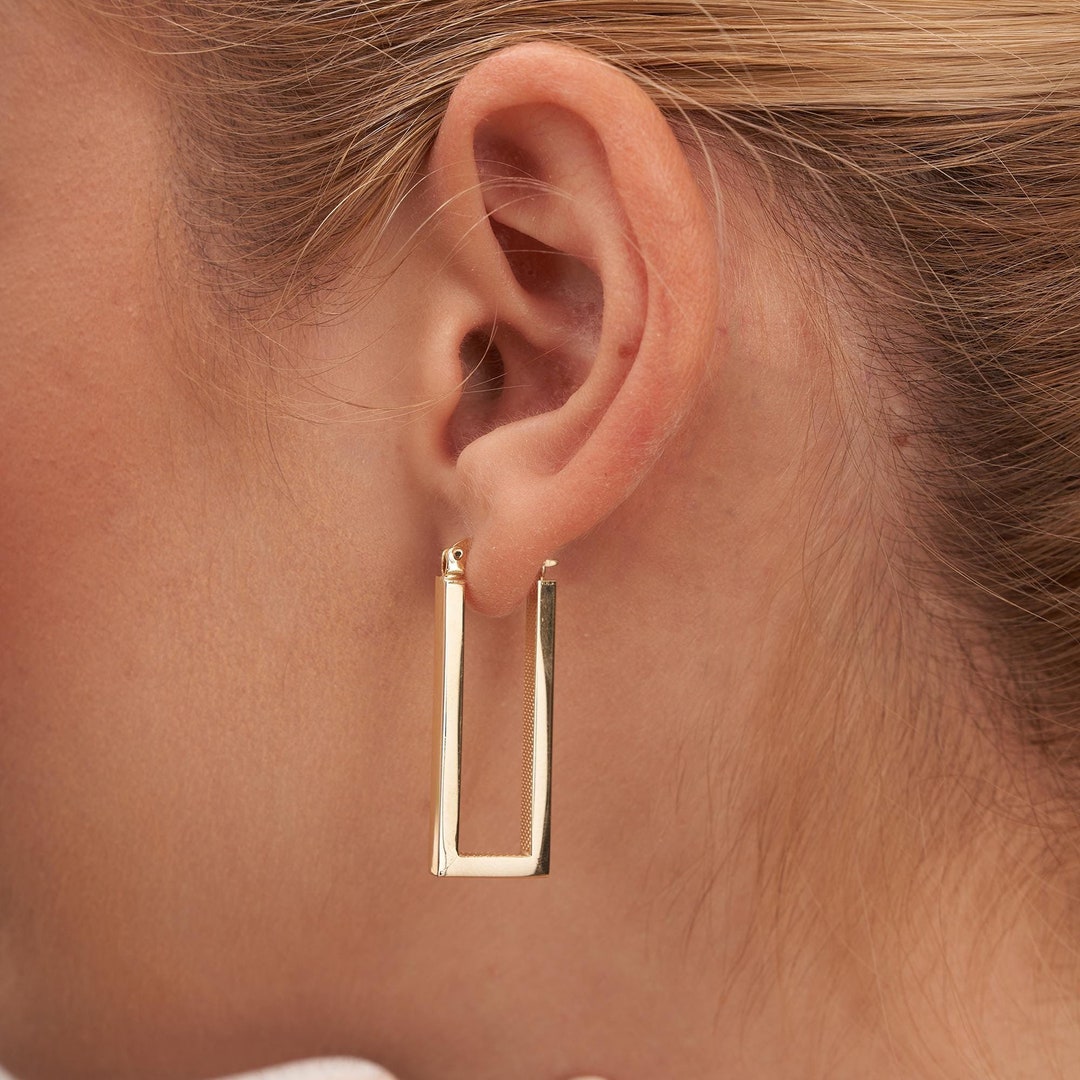 14K Solid Gold Chunky Rectangle Geometric Hoop Earrings, Stylish ...