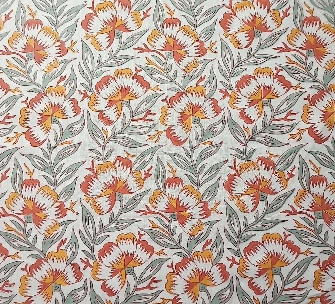Primrose-hand Block Print Linen Fabric 44 Wide,upholstery, Linen Fabric ...