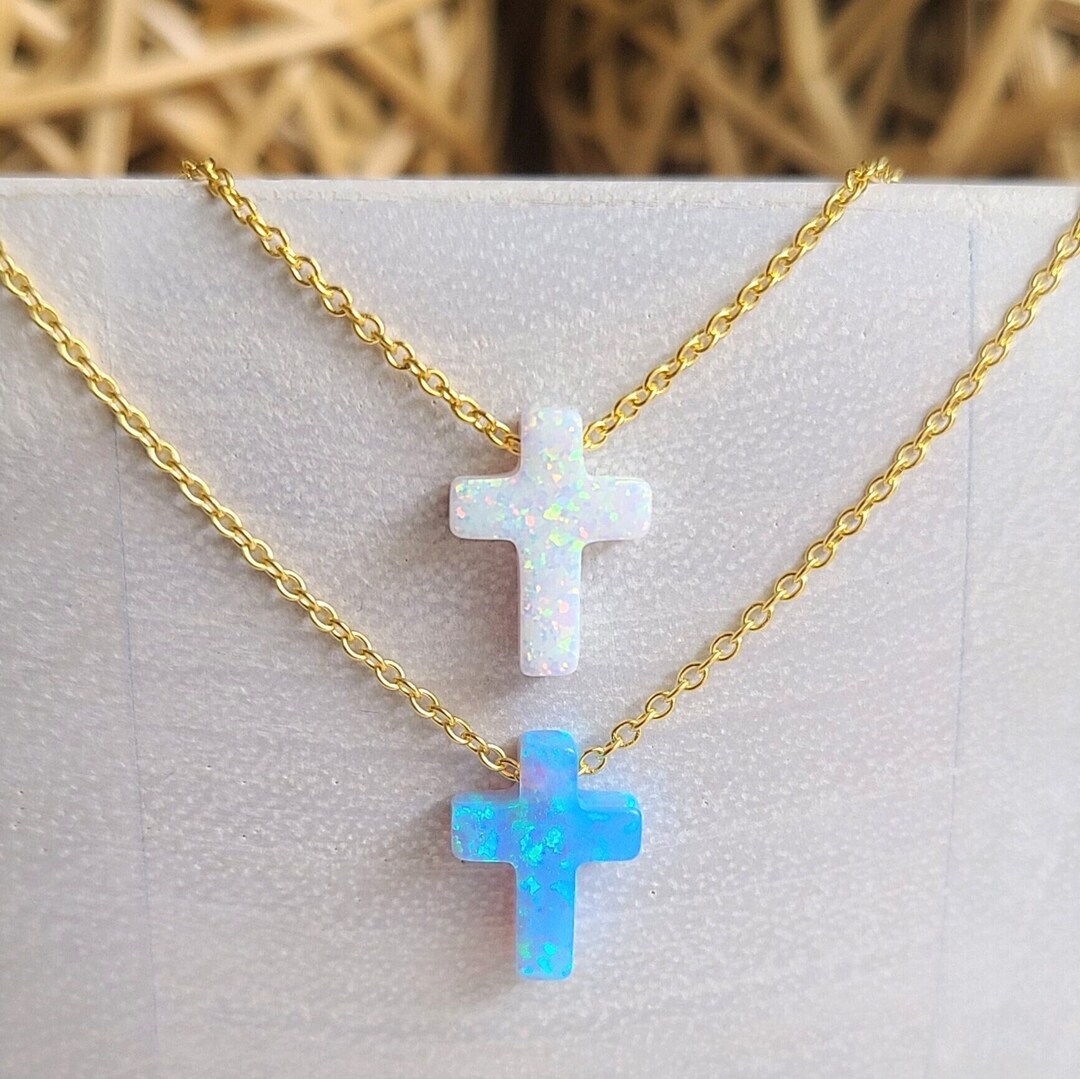 Blue White Opal Cross Necklace, Silver Opal Cross Choker Necklace for ...