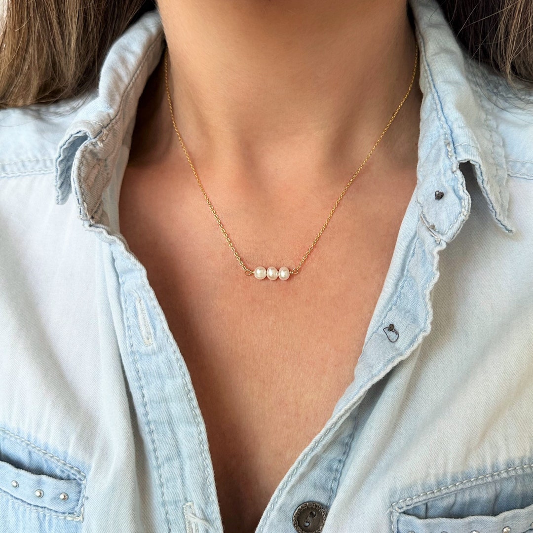 3 Pearl Necklace, Three Freshwater Pearls Necklace, Silver Pearl ...