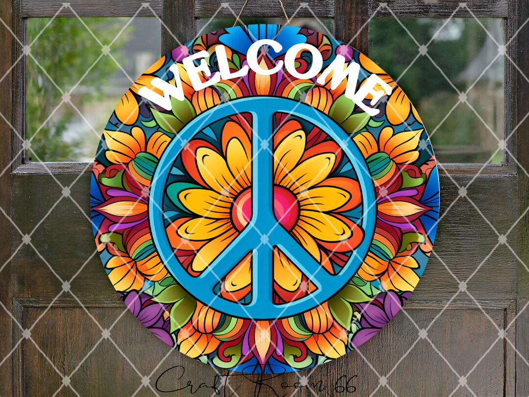Welcome Hippie Peace Sign Front Door Wood Signindoor-outdoor Signporch ...